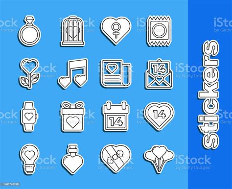 하트 하트 발렌타인 데이 봉투 여성 성별 음악 노트 톤 하트 모양 꽃 다이아몬드 약혼 반지 및 아이콘의 형태로 라인 풍선을 설정합니다 벡터 개념에 대한 스톡 벡터 아트 및