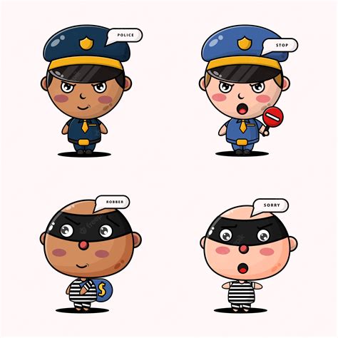 경찰 및 강도 디자인 마스코트 세트 프리미엄 벡터