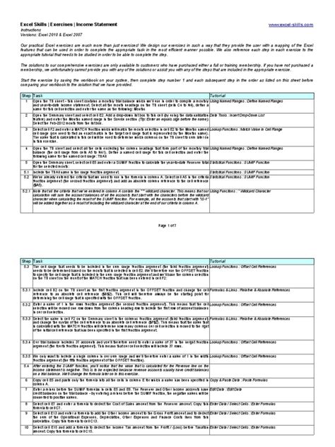 excel skills exercises income statement step task pdf expense