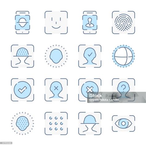 얼굴 식별 및 인식 관련 파란색 줄 색 아이콘 생체 인증 아이콘 집합입니다 검증에 대한 스톡 벡터 아트 및 기타 이미지 검증 그래픽 사용자 인터페이스 날씬한 Istock