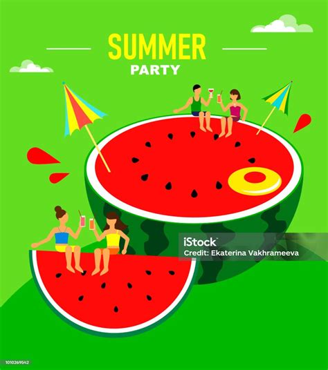 수 박과 재미 있는 캐릭터와 함께 여름 파티입니다 여름 벡터 일러스트 레이 션 수 박과 수 박 조각 개념에 대한 스톡 벡터 아트 및 기타 이미지 Istock