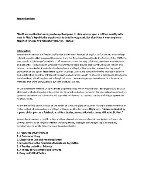 Jeremy Bentham Political Philosphers For Pmscss Notes Jeremy