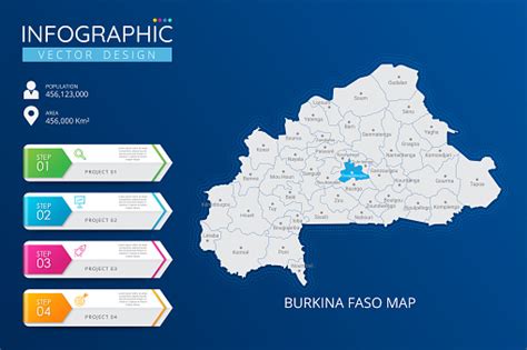 위치 포인터 표시가 있는 부르키나파소 지도 분할 도시 및 자본 인포 그래픽 벡터 템플릿이있는 높은 상세한 국가지도 0명에 대한 스톡 벡터 아트 및 기타 이미지 Istock