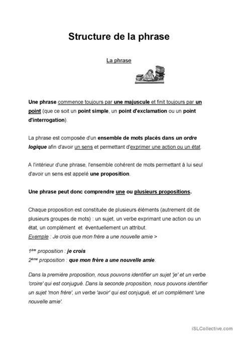 Structure De La Phrase Compréhension… Français Fle Fiches Pedagogiques Pdf And Doc