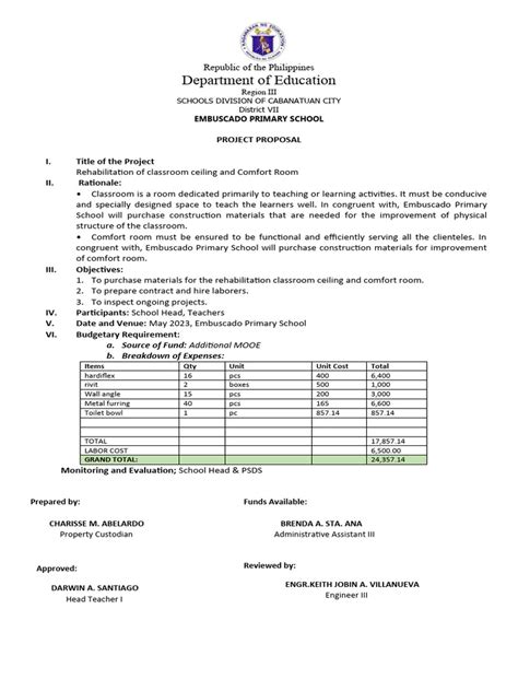 May Project Proposal For Improvement Of Makeshift Classroom And Comfort Room Pdf
