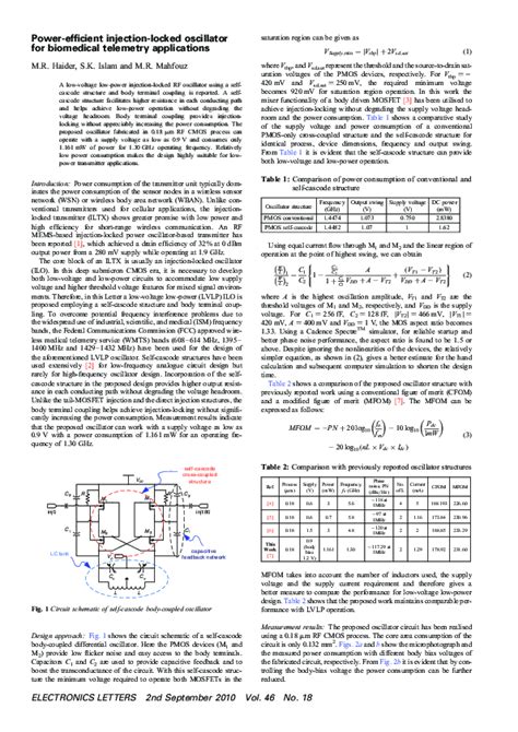 Pdf Power Efficient Injection Locked Oscillator For Biomedical Telemetry Applications