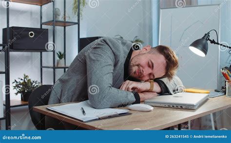 Bored Sleepy Business Man Worker Working On Laptop Computer Yawning Falling Asleep At Office