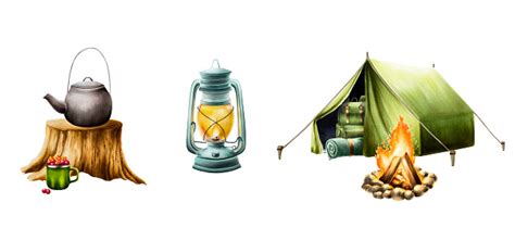 모닥불 기름 등유 랜턴 하이킹 및 캠핑 배낭 녹색 캠핑 텐트 주전자에 담요와 침낭을 말아 올려 나무 그루터기 녹색 컵 크랜베리 및 카우베리 수채화 고립 삽화 레크리에이션을