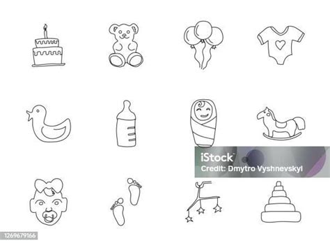 흰색 배경에 격리 된 아기 손으로 그린 선형 벡터 아이콘 웹 및 Ui 디자인 모바일 앱 및 인쇄 제품을 위한 베이비 낙서 아이콘 세트 0명에 대한 스톡 벡터 아트 및 기타