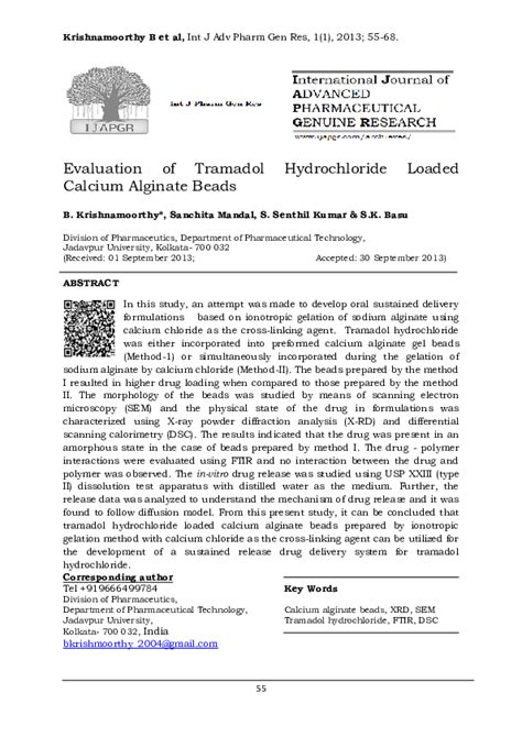 Pdf Evaluation Of Tramadol Hydrochloride Loaded Calcium Alginate Beads