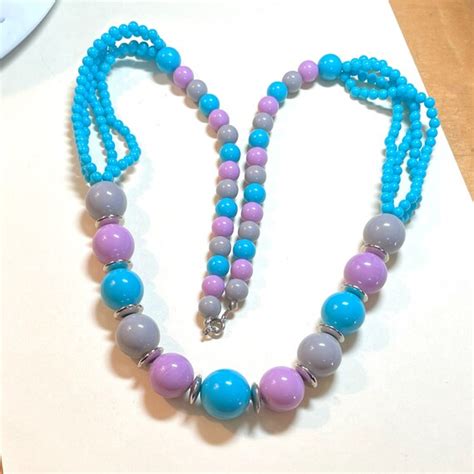 Vintage Big 80s Plastic Bead Necklace In Blue Gray Gem