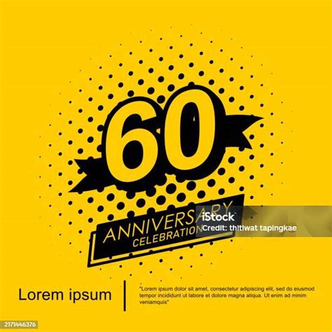 창립 60주년 기념 엠블럼 노란색 배경에 리본으로 고립 된 검은 색 로고 벡터 일러스트 레이 션 템플릿 디자인 웹 전단지 포스터 인사말 카드 및 초대장 60에 대한 스톡
