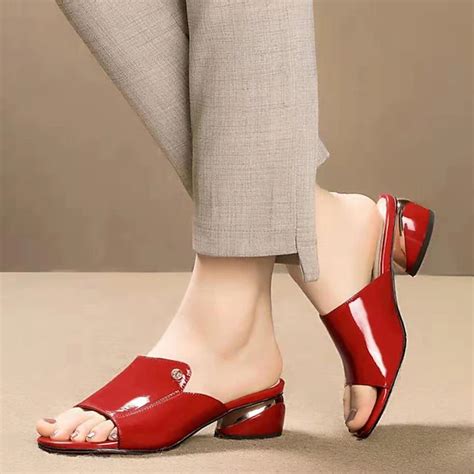 Womens Red Patent Faux Leather Open Toe Mules With Metallic Block Heels Chic And Comfortable