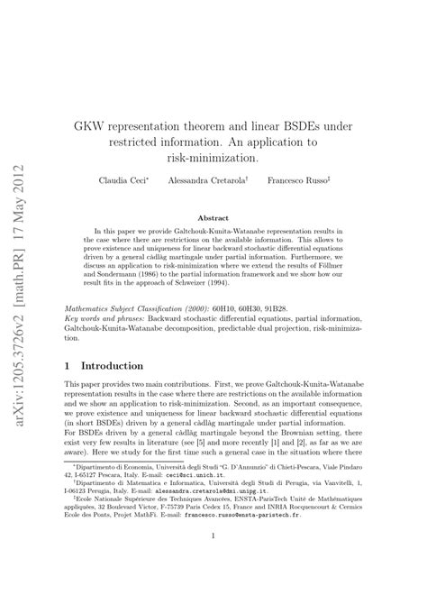 Pdf Gkw Representation Theorem And Linear Bsdes Under Restricted