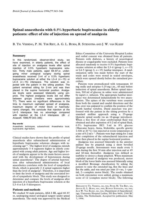 Pdf Spinal Anaesthesia With 0 5 Hyperbaric Bupivacaine In Elderly Patients Effect Of Site Of