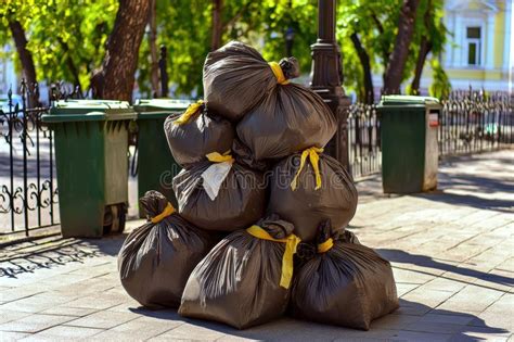 There Are Piles Of Garbage Bags Left On The City Street Creating An Unsightly Scene Stock Image