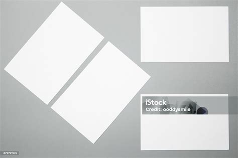 빈 초상화입니다 변경 배경 회색에 고립 된 백서 아이덴티티 디자인 기업 서식 회사 스타일 소책자 빈 흰색 접는 종이 전단지의 설정 공란에 대한 스톡 사진 및 기타 이미지