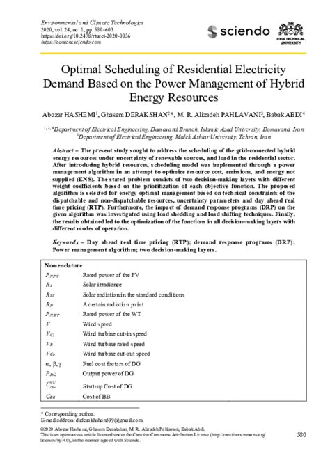 Pdf Optimal Scheduling Of Residential Electricity Demand Based On The Power Management Of