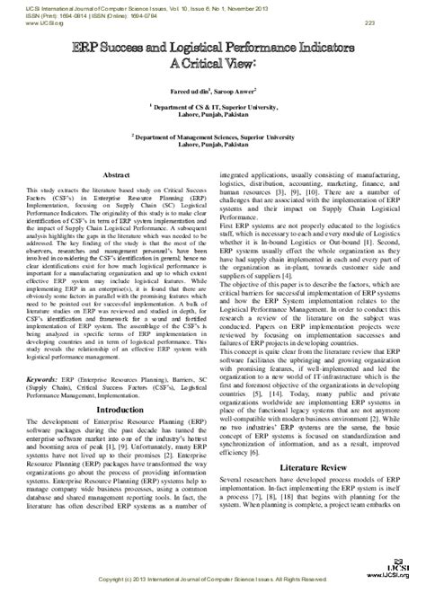 Pdf Erp Success And Logistical Performance Indicators A Critical View