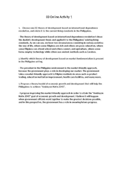 Econ Dev Activity Online Activity Choose One Theory Of Development Based On