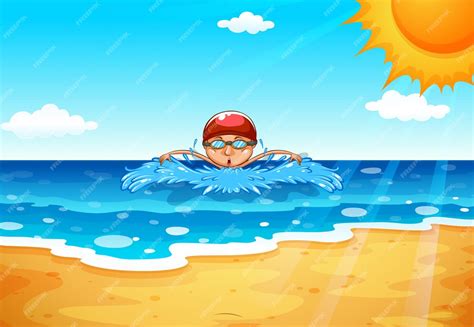 바다에서 수영하는 남자 무료 벡터