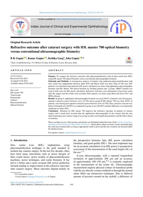 Pdf Refractive Outcome After Cataract Surgery With Iol Master 700 Optical Biometry Versus