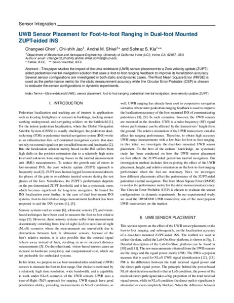 Pdf Uwb Sensor Placement For Foot To Foot Ranging In Dual Foot Mounted Zupt Aided Ins Chi