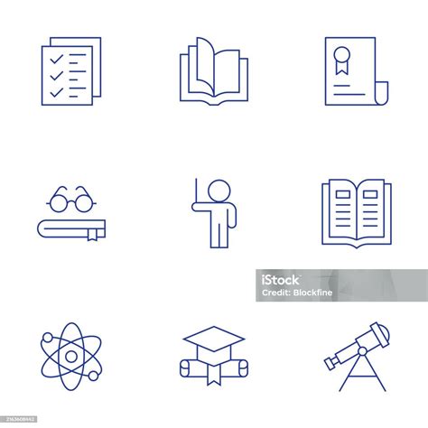 교육 아이콘 세트 가는 선 스타일 편집 가능한 획 체크리스트 인증서 도서 원자 천문학 오픈 북 각모 강사 0명에 대한 스톡 벡터 아트 및 기타 이미지 Istock