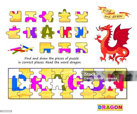 어린이를 위한 교육용 게임 올바른 위치에서 퍼즐 조각을 찾아 그립니다 용이라는 단어를 읽으십시오 아이들 수수께끼 책을위한