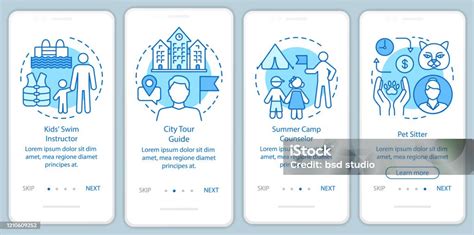 선형 개념으로 모바일 앱 페이지 화면의 여름 파트 타임 작업 파란색 온보딩 수영 강사 투어 가이드 연습 단계 그래픽 지침 Ux Ui 그림이 있는 Gui 벡터 템플릿 4에