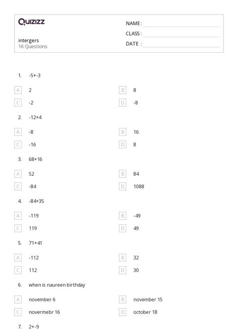 50 Operations With Integers Worksheets For 2nd Class On Quizizz Free