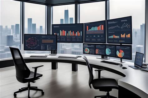 modern office workspace with multiple monitors analyzing data in a high rise building stock