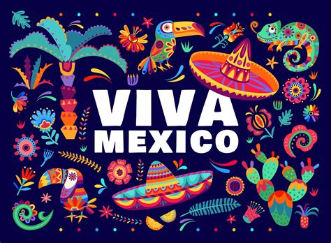 Viva Mexico Bandera Con Tropical Flores Cactus 27769145 Vector En Vecteezy