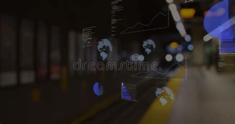 Animation Of Data Processing And Spinning Globe Against Blurred View Of