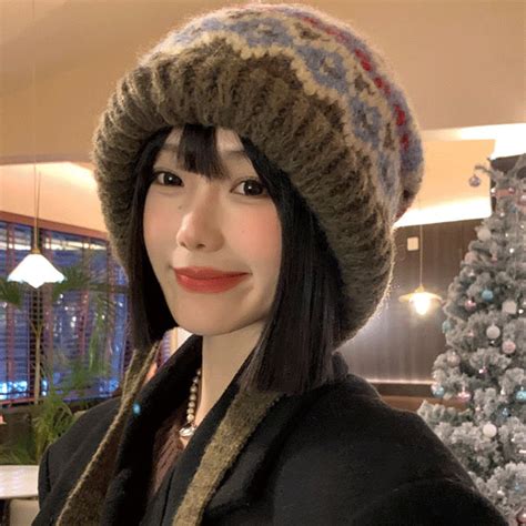 은창 지그재그 배색 스트랩 매듭 니트 모자 털모자 보온 가을 겨울 여성 여성 벙거지 모자 히트 선물