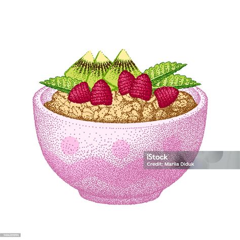 키위 라즈베리 민트 잎이있는 그릇에 그라놀라 과일 베리 귀리 곡물 죽과 함께 오트밀 아침 식사 뮤즐리 플레이크 벡터 스케치 일러스트 레이 션 건강한 생활방식에 대한 스톡