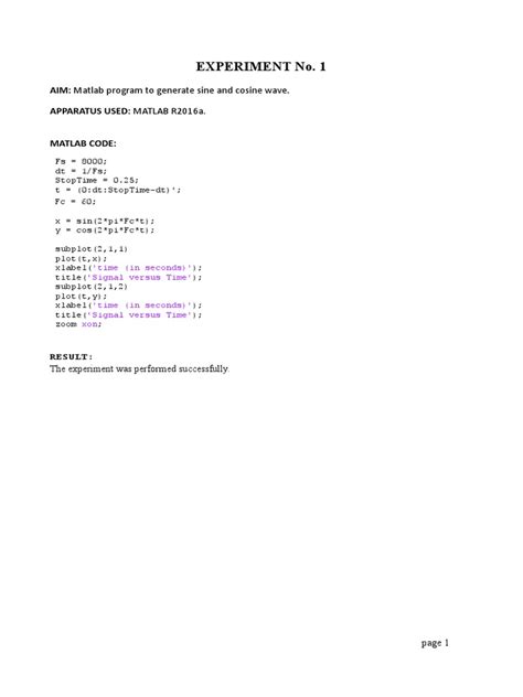 Experiment No 1 Aim Matlab Program To Generate Sine And Cosine Wave