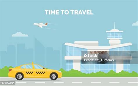 도시 스카이 라인 백그라운드에서 이륙 하는 비행기와 공항 터미널 택시 차 수평 만화 배너 공항에 대한 스톡 벡터 아트 및 기타 이미지 공항 건물 외관 만화 Istock