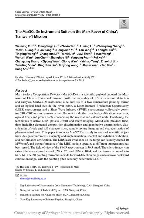 The Marscode Instrument Suite On The Mars Rover Of Chinas Tianwen 1 Mission Request Pdf