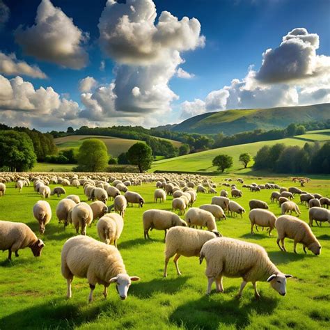 A Herd Of Sheep Are Grazing In A Field With A Sky Background Premium