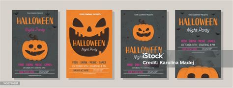 소름 끼치는 호박과 함께 할로윈 나이트 파티 초대장 포스터 세트 벡터 일러스트 레이 션 10월에 대한 스톡 벡터 아트 및 기타