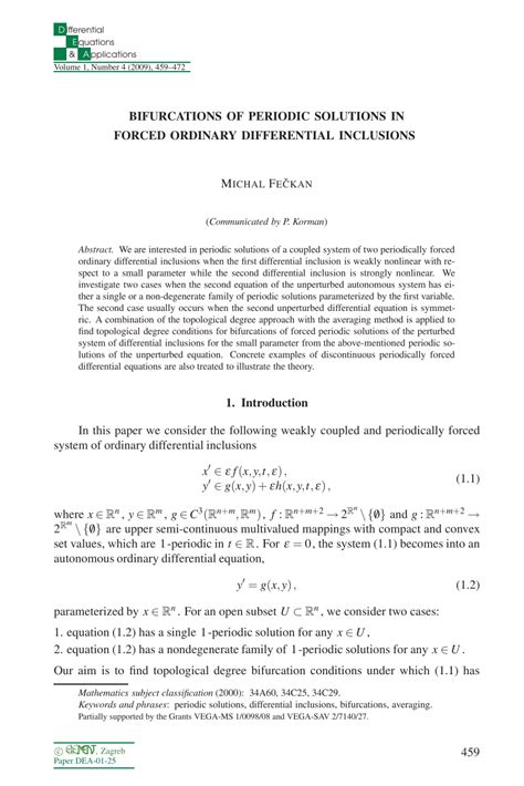 Pdf Bifurcations Of Periodic Solutions In Forced Ordinary Differential Inclusions