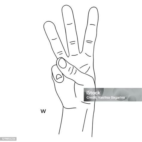 W는 수화로 된 알파벳의 23번째 문자입니다 세 손가락이 공중에서 들어올렸다 손은 손가락에 숫자 3을 표시합니다 흑백 손 그리기 스톡 벡터 일러스트레이션 3에 대한 스톡