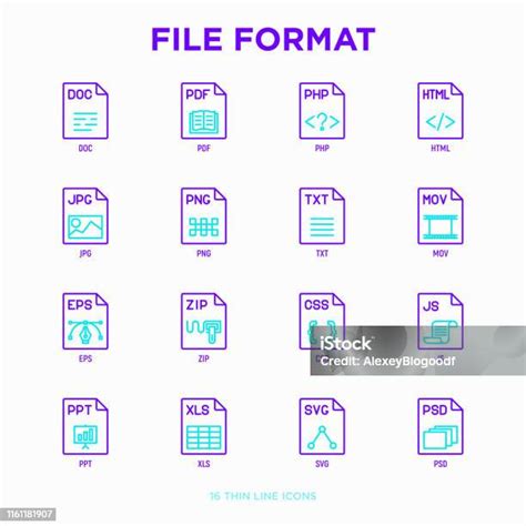 파일 형식 얇은 선 아이콘 세트 문서 Pdf Php Html  Png Txt Mov Eps Zip Css Js 현대 벡터 그림입니다 아이콘에 대한 스톡 벡터 아트 및