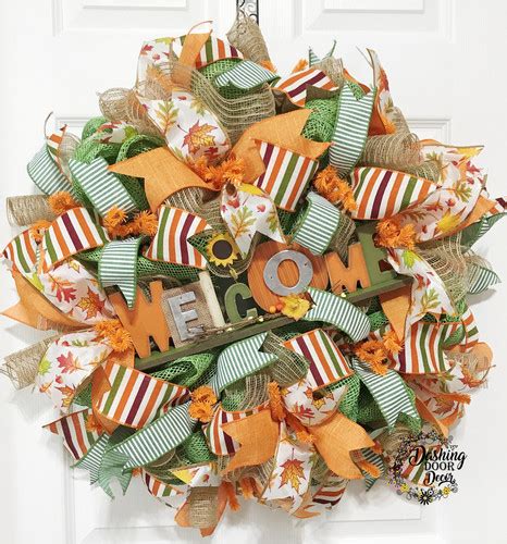 Fall Autumn Welcome Ruffle Curly Spiral Burlap Deco Mesh Wreath 111