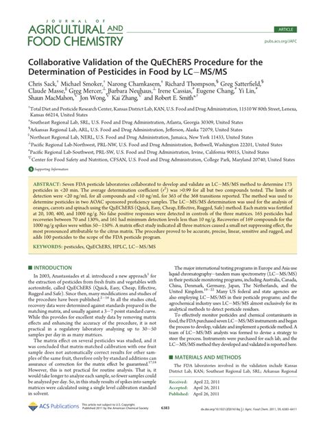 Pdf Collaborative Validation Of The Quechers Procedure For The Determination Of Pesticides In