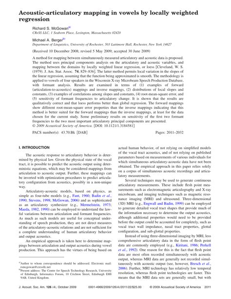Pdf Acoustic Articulatory Mapping In Vowels By Locally Weighted Regression