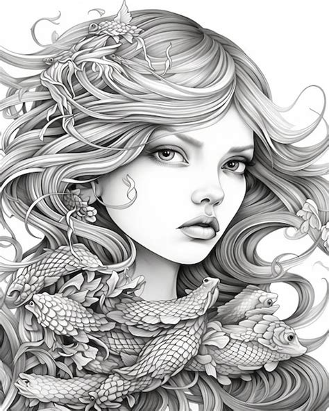 A Highly Detailed Black And White Illustration Featuring A Young Womans Face Surrounded By
