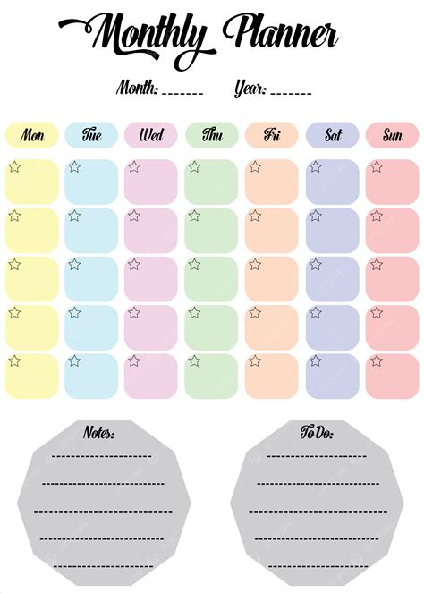 Colorful Monthly Planner Calendar Template Cute Design Vector Template