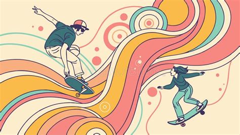 Abstract Dynamic Scene With People Skateboarding On Waves Vector Design